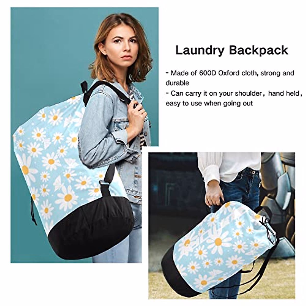 Kigai Nylon Large Laundry Bag - Daisy Flower Washable Laundry Backpack, Dirty Clothes Laundry Hamper with Drawstring Closure & Shoulder Straps for Camp, Home, Travel, Dorm - 14.5" x 29.3"