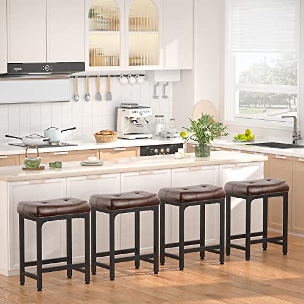 Aheaplus Bar Stools Set of 2, 24 Inch Counter-Height Stools Saddle Stool, PU Leather Barstools with Metal Base, Footrest, Industrial Stools for Dining Room Kitchen Island, Counter, Pub, Bar, Brown