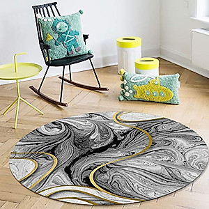 Olivefox Round Area Rugs Abstract Gray Gold Marble Textured Super Soft Indoor Stain-Proof Carpet Floor Mat Anti-Skid Runner Rugs for Home Living Room, Bedroom, Dining Room, 5 Feet