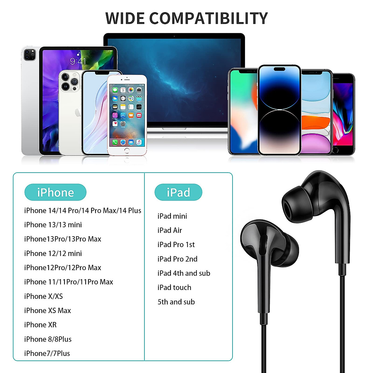 XNMOA Wired Headphones for iPhone 14 13/12/11/Se/X/Xr/Xs/8/7, Wired Earbuds Noise Canceling in-Ear Headset with Microphone,Comfortable Wired Earphones with Volume Control,Black
