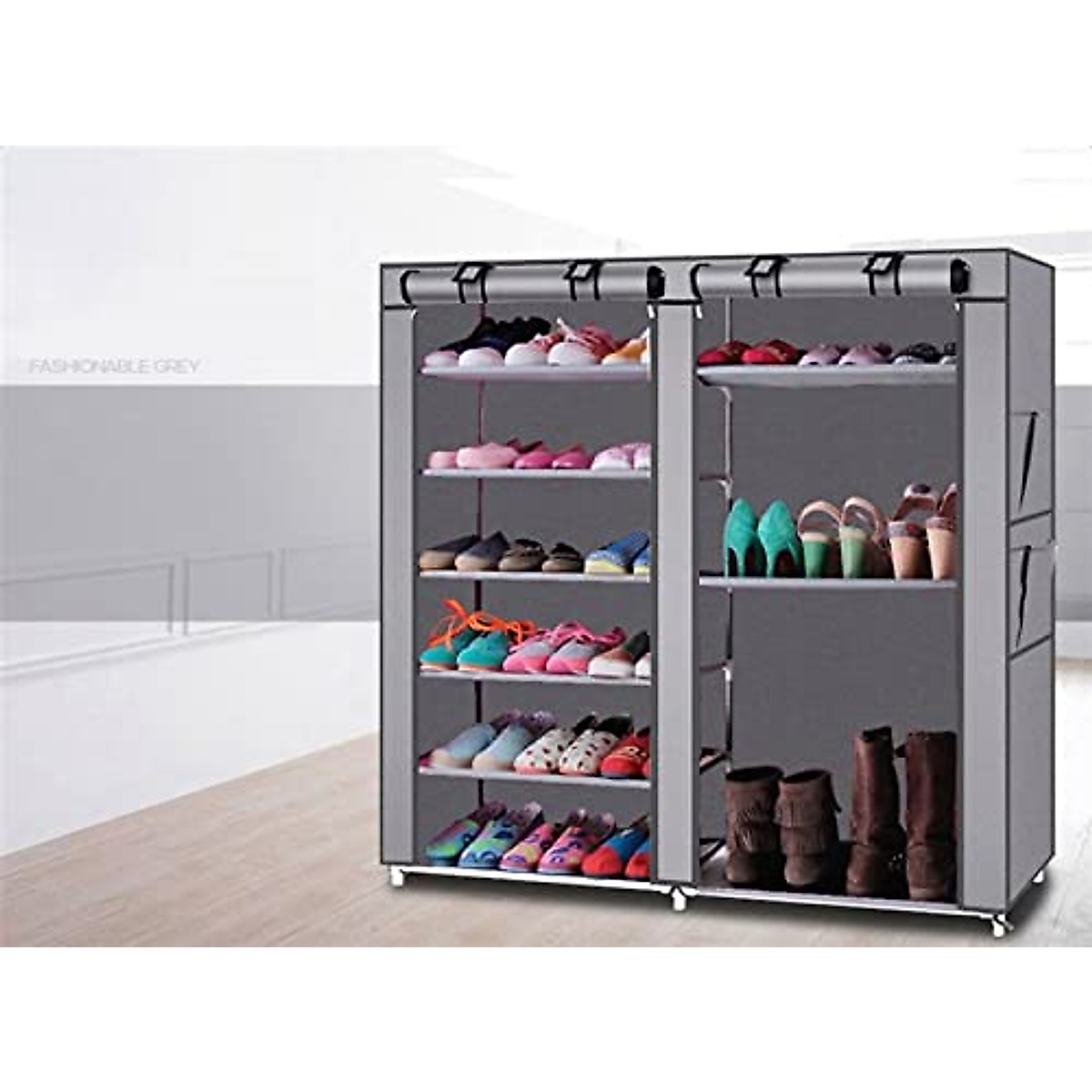 Double Rows 9 Lattices Standing Shoe Racks,27-Pairs Portable Boot Rack,Shoe Storage Organizer Cabinet with Nonwoven Fabric Dustproof Cover,Space Saving Portable Closet Shoe Cabinet (Color : Gray)