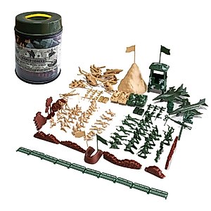 Hautton Toy Army Men Set, 107 PCS Plastic Military Action Figures Combat Battle Playset Bucket with Soldiers, Tank, Plane, Helicopter, Flag, Fence, and Battlefield Gift for Boys Kids Children