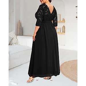Plus Size Black Formal Gowns Evening Dresses Lace Wedding Prom Party 3/4 Sleeve Long Maxi Elegant Dresses for Women