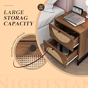 Woenei Rattan Nightstands End Table-Night Stand with 2 Drawers, Wood Accent Cabinet Set,Farmhouse Side Table with Storage, Bedside Tables for Living Room, Bedroom (1, Walnut)