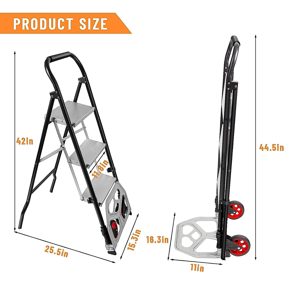 2 in 1 Aluminum Hand Truck & Ladder 3 Step Ladder Step Stool for Adults with Wide Anti-Slip Pedal and 6’’ Rubber Wheels 330lbs Capacity Sturdy Steel Ladder Portable Steel Step Stool Dolly