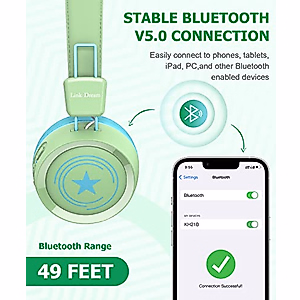 Link Dream Kids Wireless Headphones V5.0 Bluetooth Kids Headphones w/Mic 32H Playtime Soft Padded Stereo Childrens Headphones for Boys Girls School iPad Tablet Cellphons Laptop, Matcha Green