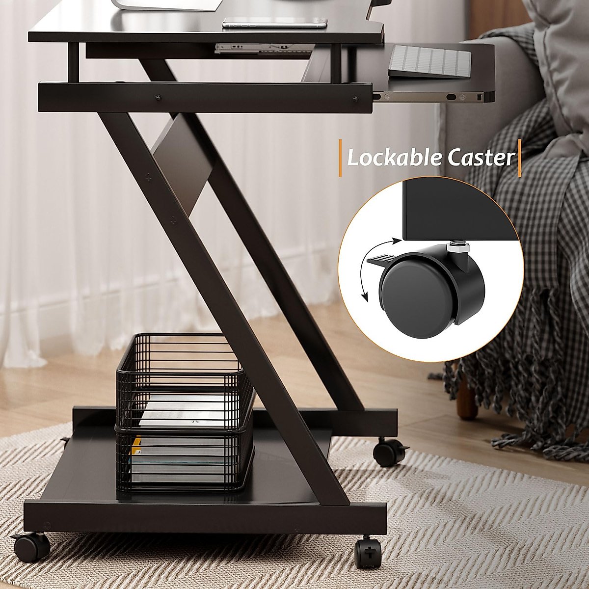 soges Small Rolling Computer Desk, Z Shape Laptop Desk Cart on Wheels, Mobile Computer Workstation for Home and Office with Keyboard Tray, Black