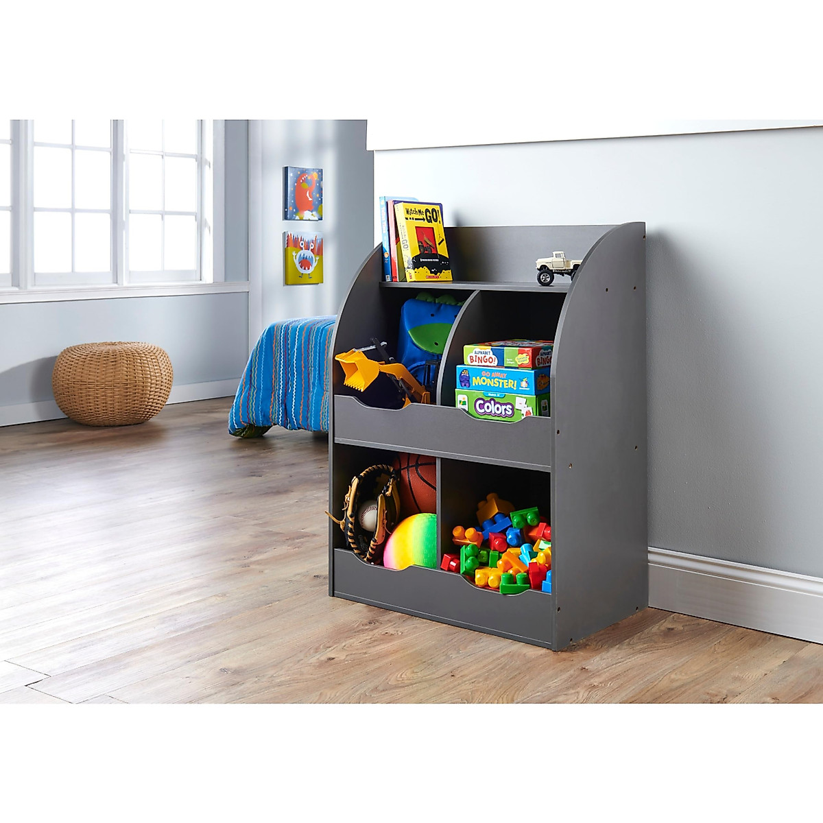 Badger Basket Four Bin Kids Bookshelf and Toy Storage Organizer - White