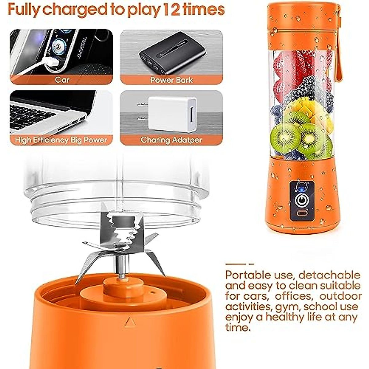 Portable Blender, MIAOKE Personal Mini Juice Blender, USB Rchargeable Juicer Cup with Six Blades in 3D, Smoothie Blender Home/Office/Outdoors- Orange
