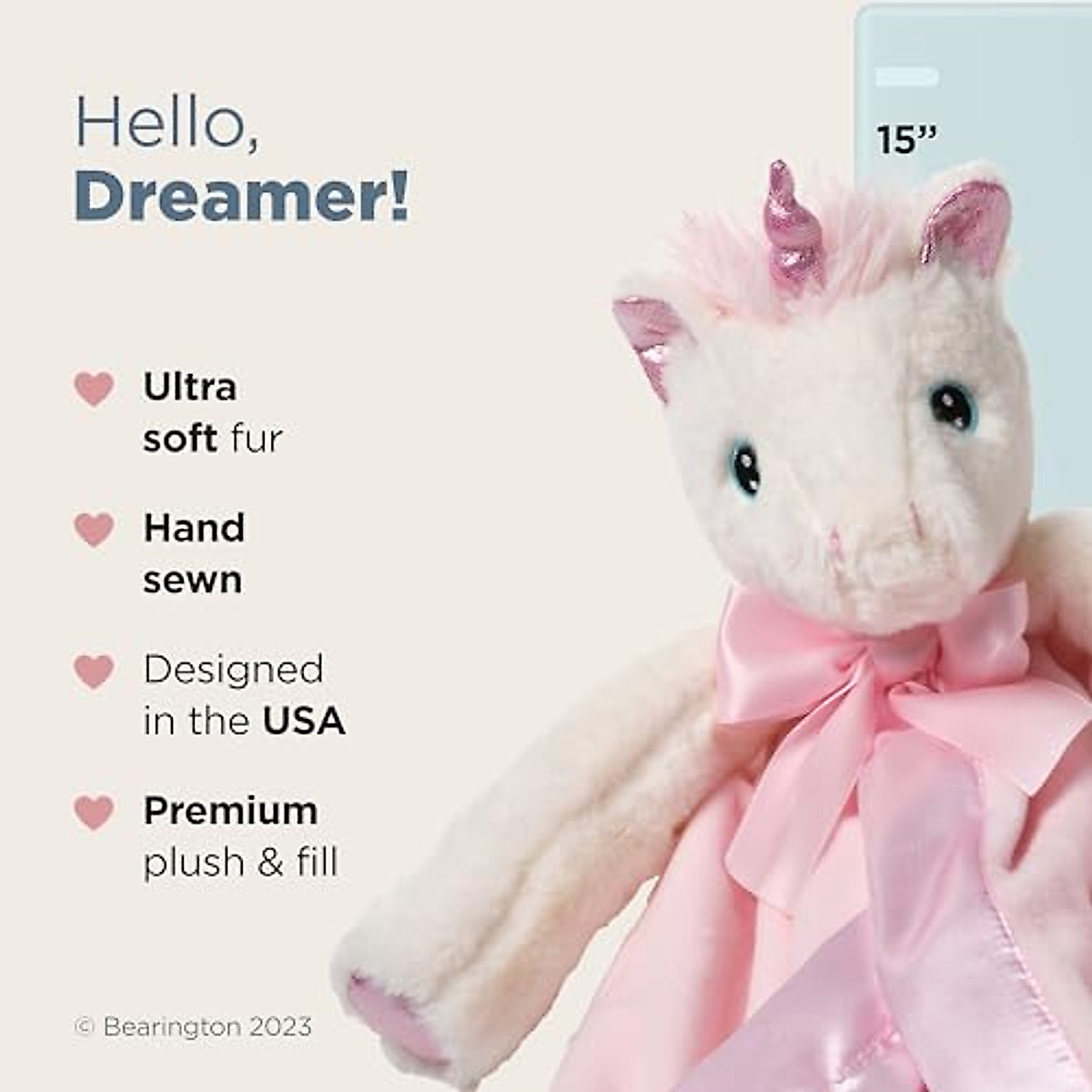 Bearington Baby Dreamer Snuggler, 15 Inch White and Pink Unicorn Plush Stuffed Animal Security Blanket Lovey for Babies