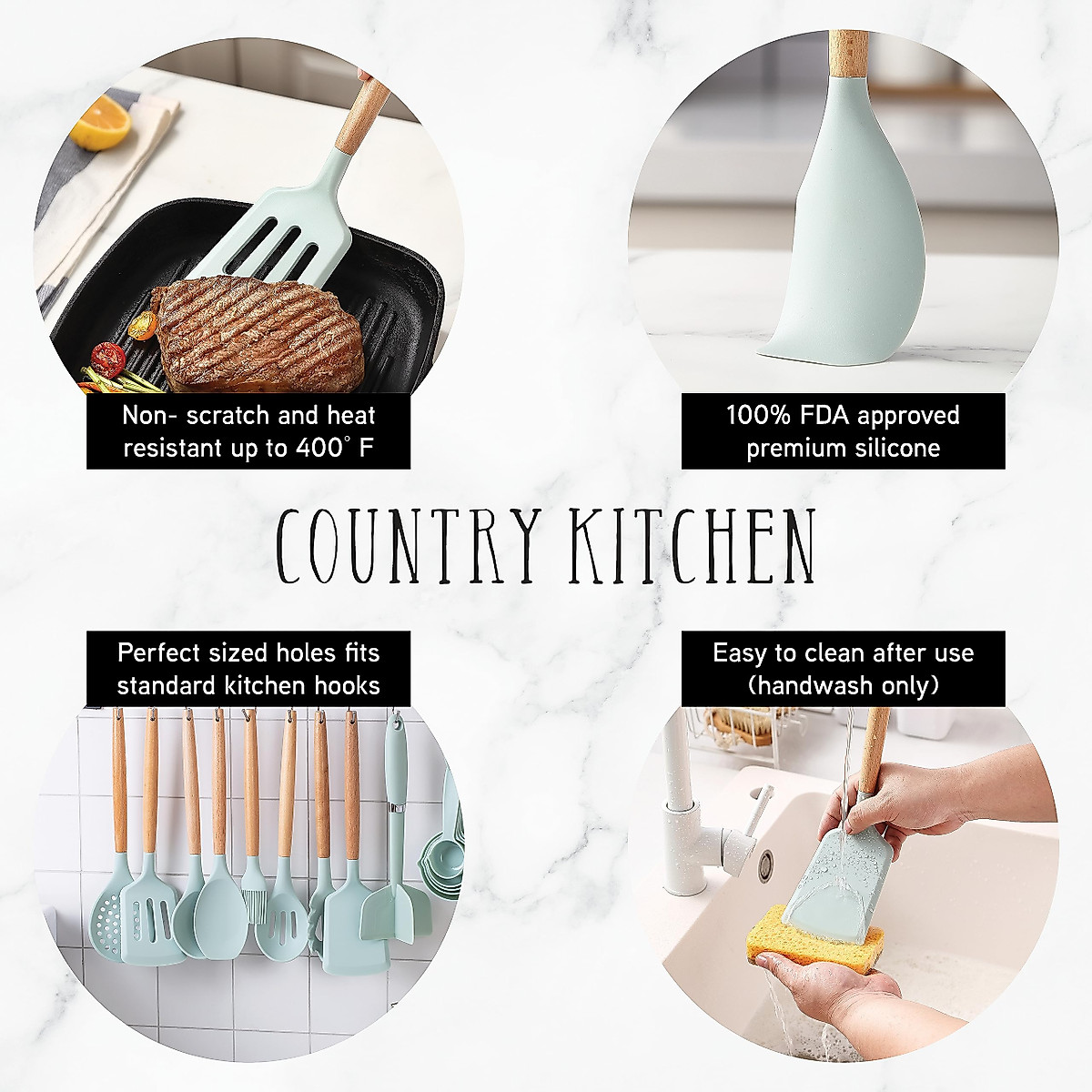 Country Kitchen Cooking Utensils Set - 40 pcs Non-stick Silicone Spatula Set with Holder, Wooden Handles and Heat Resistant Gadgets Utensil