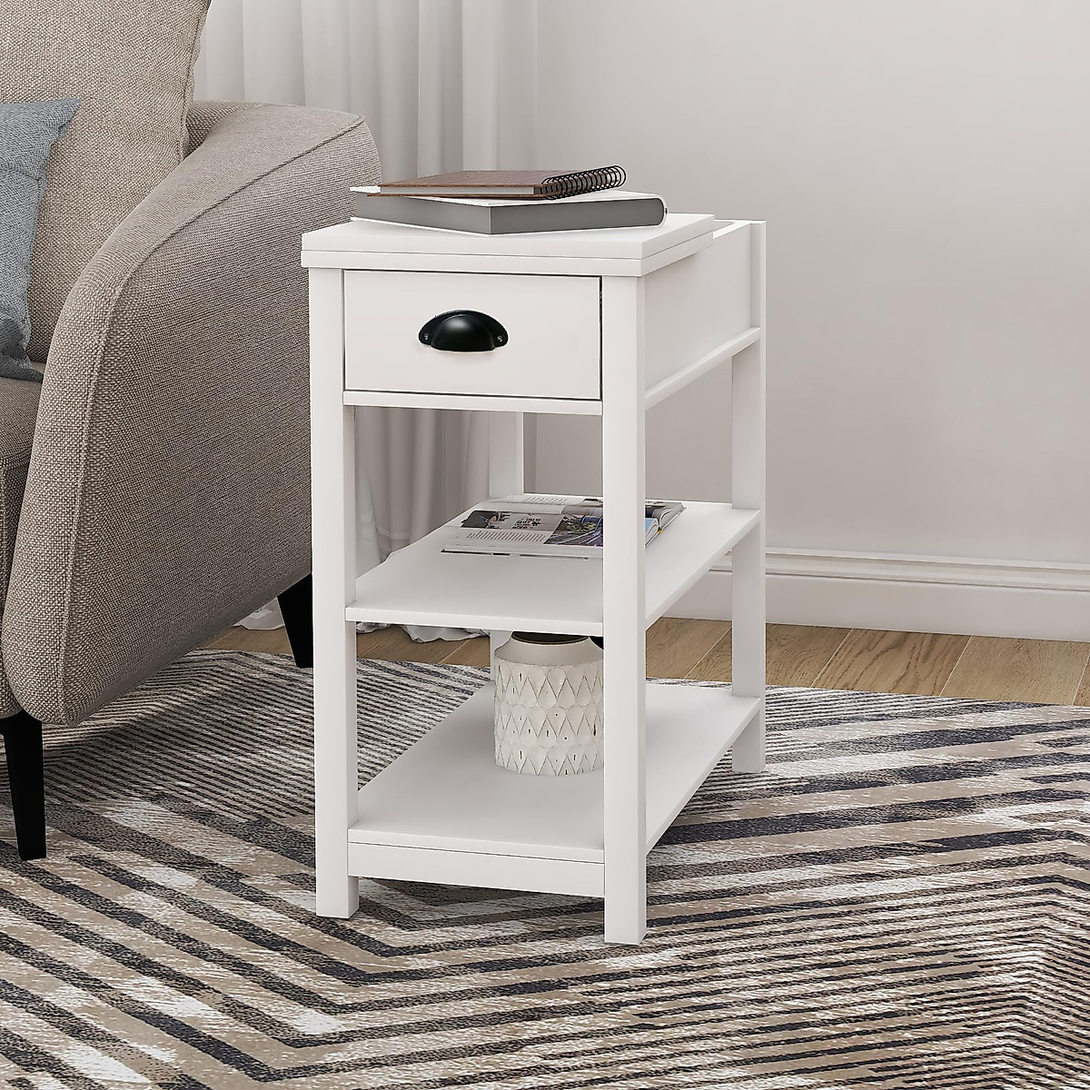 Narrow Flip Top End Table - LifeSky Slim End Table with Drawer - End Tables with Storage for Small Spaces Living Room White
