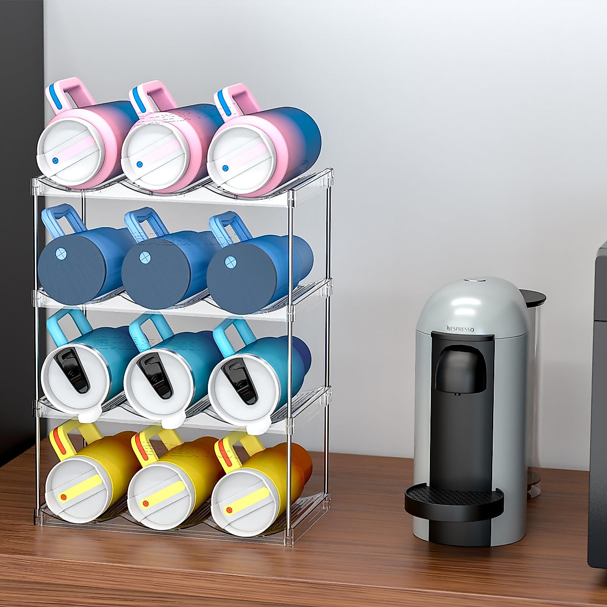 SuoXing Large Compartment Stackable Water Bottle Organizer for Stanley 40 Oz,3 Packs Hold 9 Bottles Stackable Bottle Storage Organizer,Clear Tumbler Travel Organizer for Kitchen Cabinets Wine Rack