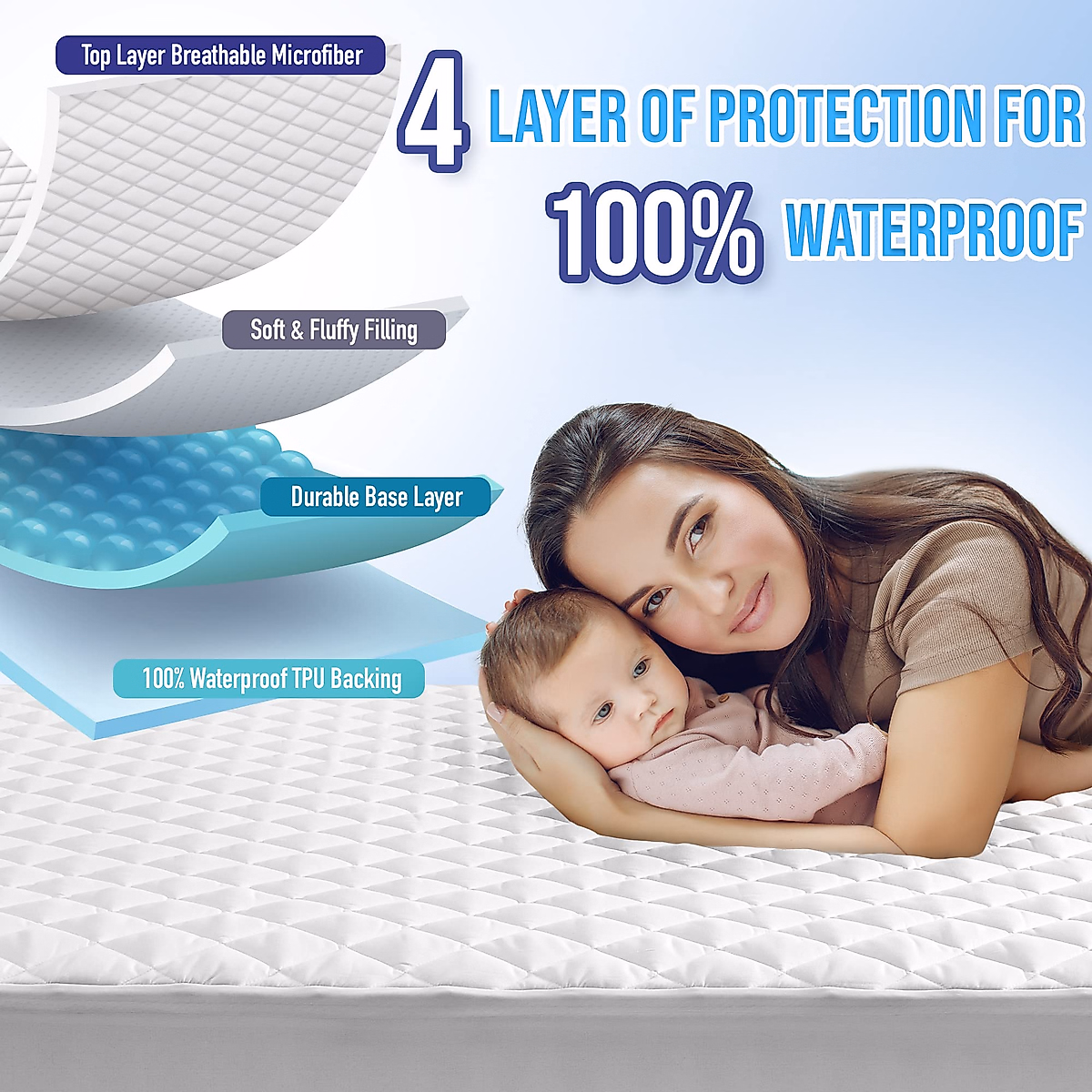 HYLEORY Queen Size Waterproof Mattress Pad Protector, Breathable Quilted Mattress Cover Noiseless Waterproof Fitted Sheet Mattress Topper Upto 21" Deep Pocket, White