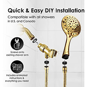 Aquarius Gold Shower Head With Handheld Sprayer, 6 Spray Settings High Pressure Polished Brass Shower Head With Hose (Extra Long) & Adjustable Brass Ball Bracket Kit, Shower Head Gold Finish