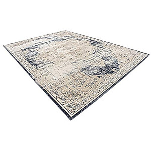 Unique Loom Chateau Collection Vintage, Distressed, Medallion, Rustic, Traditional Area Rug, 9' 0" x 12' 0", Beige/Navy Blue