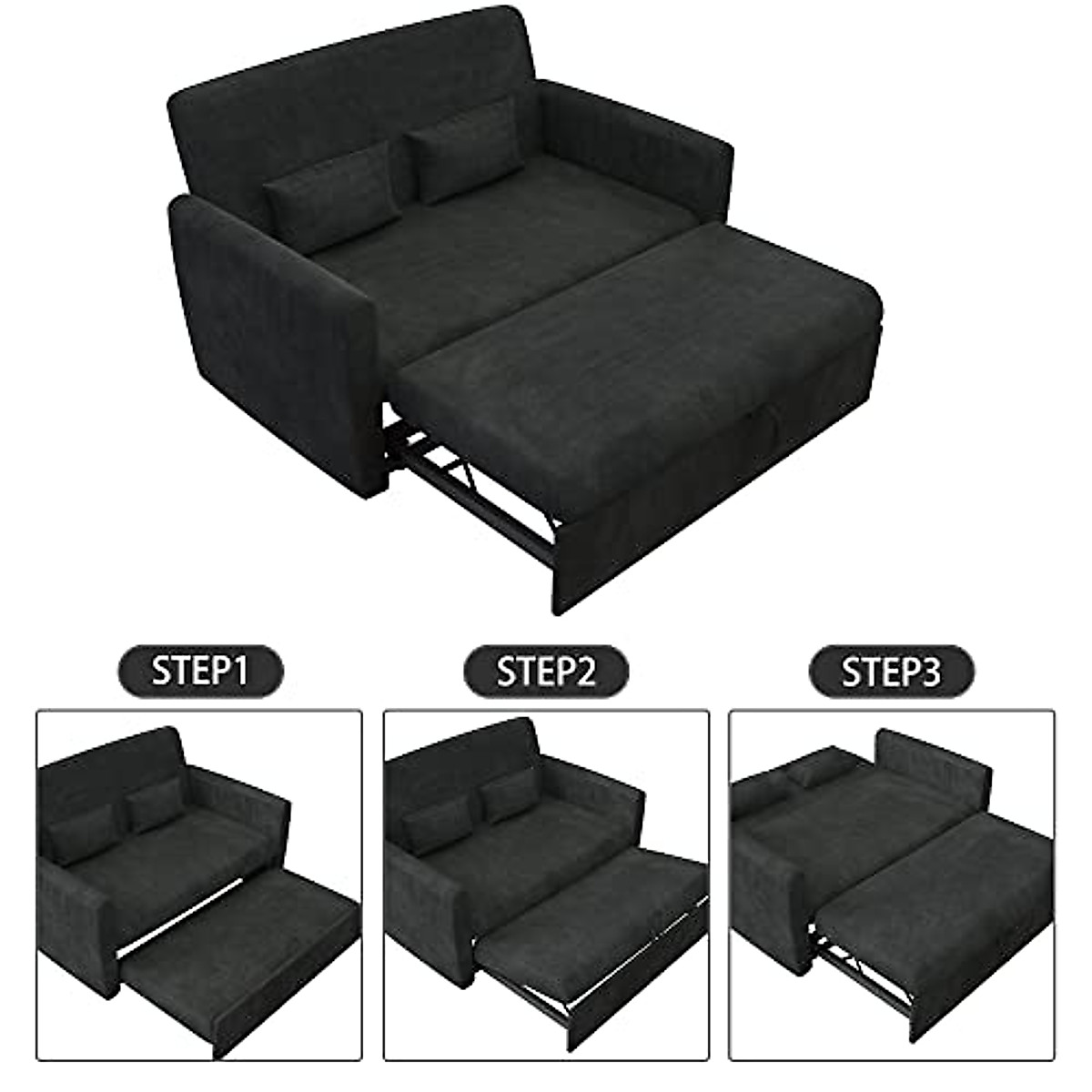 MIYZEAL 55'' Convertible Sleeper Sofa Bed, Velvet Loveseat Sofa with Pull-Out Bed, 2 Seater Couch Bed with Adjustable Backrest, Pull Out Lounge Chaise with 2 Pillows Office (Black)