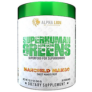 Alpha Lion Superhuman Healthy Greens Superfood Powder, Probiotics for Women & Men, Low Sugar Drink Mix, Superfood Supplement, Caffeine Free, Improves Gut Health, 30 Servings (Sweet Mango Fruit Flavor)