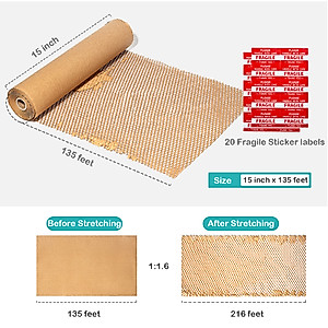MCfleet 15"x135' Honeycomb Packing Paper Wrap Roll, Eco Friendly Packaging Material for Moving Shipping Gift Wrapping with 20 Fragile Stickers, Protective Recycled Cushion Wrap Suppliers Kraft Brown