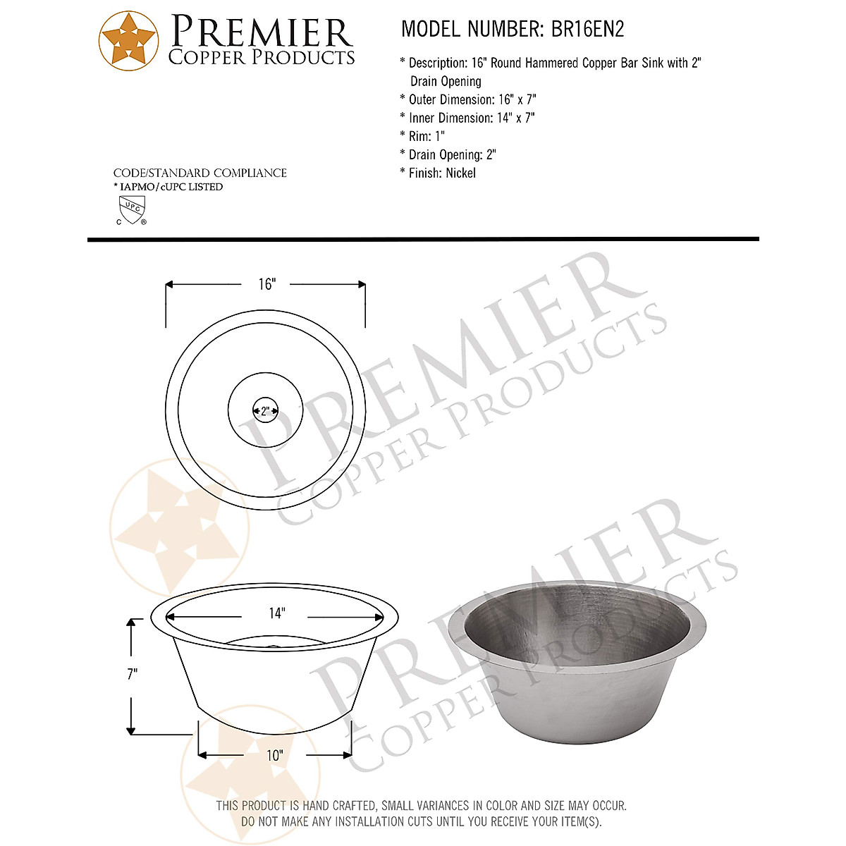 Premier Copper Products BR16EN2 16-Inch Round Hammered Copper Bar Sink in Nickel with 2-Inch Drain Size