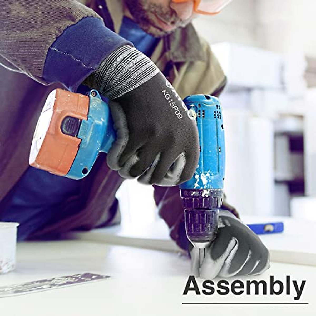 KAYGO Work Gloves PU Coated-12 Pairs, KG15P,Nylon Lite Polyurethane Safety Work Gloves, Gray Polyurethane Coated, Knit Wrist Cuff,Ideal for Light Duty Work (Large, Black)