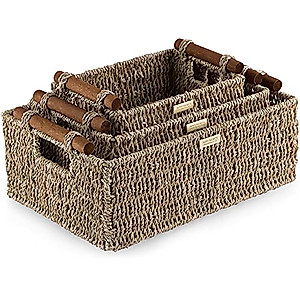 ADO Basics Wicker Basket with Stain Resistant Wooden Handles, Seagrass Wicker Baskets for organizing 14.6"x10.3"x6.2" and 12"x8.3"x5.1" and 9.5"x6.6"x4.1", Set of 3