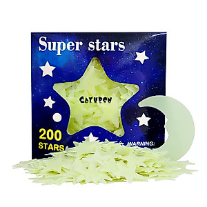 Glow in The Dark Stars Stickers, CAYUDEN 201pcs 3D Plastic Large Stars Stickers Glow in The Dark Stars for Ceiling Wall Decor Luminous Ceiling Stars and Moon Glow Stickers Decor for Bedroom Baby Room