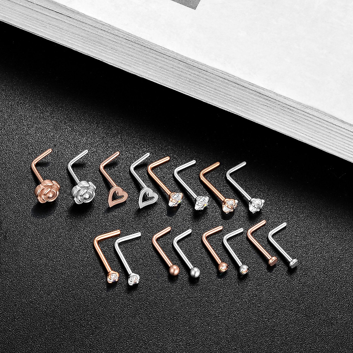 Tornito 20G 16Pcs Stainless Steel L Shaped Nose Ring CZ Nose Stud Retainer Labret Nose Piercing Jewelry (A1:16Pcs)