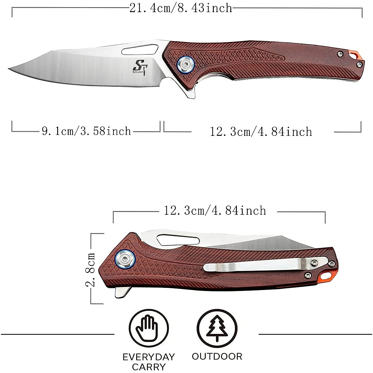 Sitivien ST219 Folding Knife, 9Cr18Mov Steel Dalbergia Handle Outdoor EDC Tool Knife for Outdoor Camping,Hunting