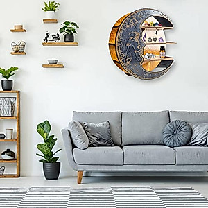 Mukorolee Moon Crystal Shelf, Antique Wooden Floating Shelves for Wall Decor, Wall-Mounted Crystal Shelf Display for Stones & Essential Oils Witchy Room Decor (White)