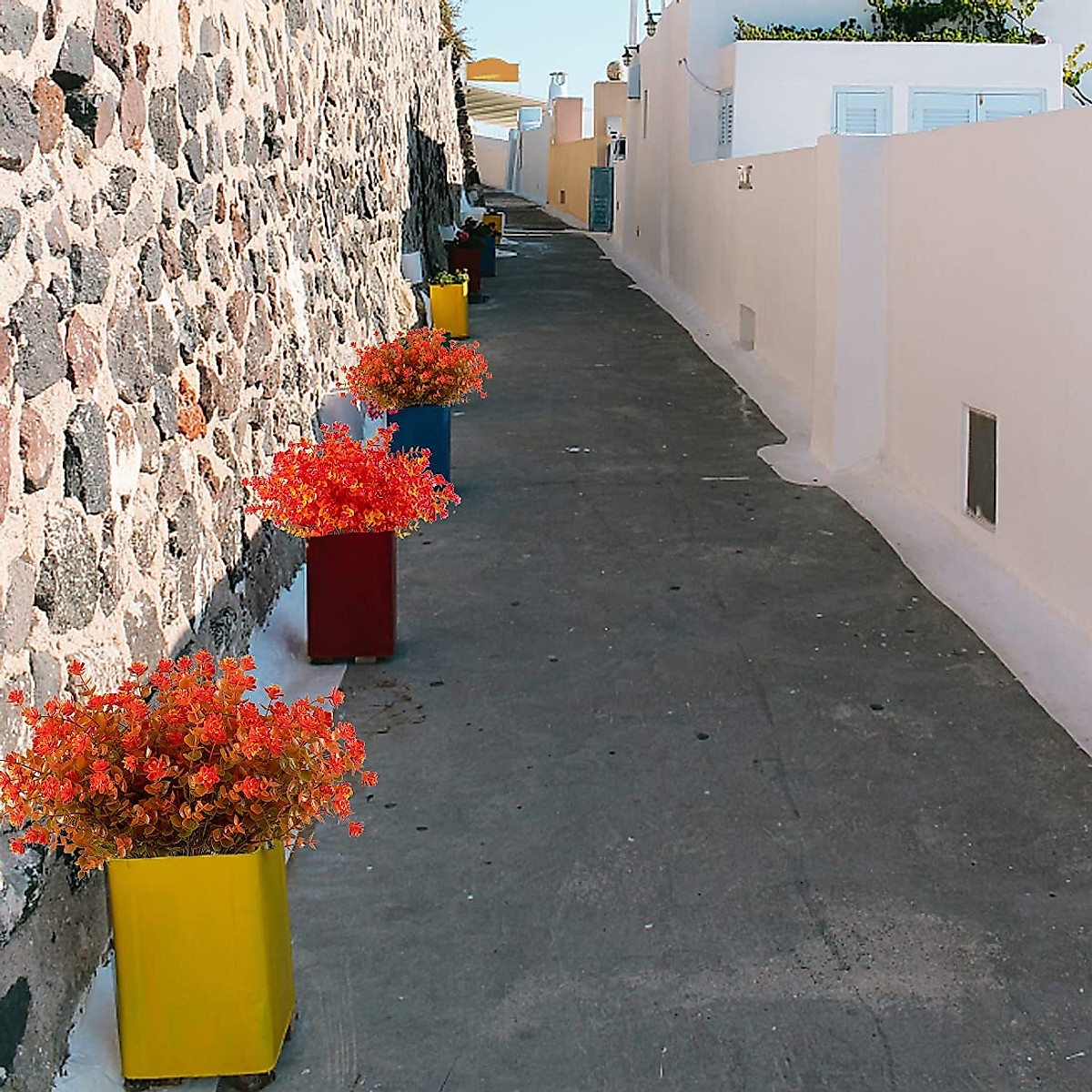 URSTOUD 6PCS Artificial Eucalyptus Plants,Fake Boxwood Shrubs UV Resistant No Fade Faux Plastic Bridal Bouquet Indoor Outdoor Home Garden Kitchen Office Table Vase(Fall Orange), Brown Orange