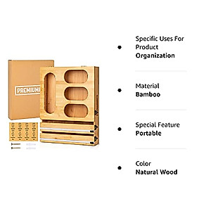 Premiumarkt 6in1 Thick Bamboo Ziplock Bag Organizer Wrap Dispenser with Cutter, Kitchen drawer organizer storage, Compatible with Gallon,Quart,Sandwich,Snack, Foil, Premium bamboo with wall mounts BMORG01