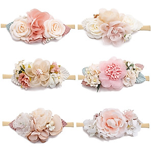 6PCS Baby Girl Headbands Flower Nylon Headbands Elastic Hair Bands Baby Floral Hair Accessories for Newborn Infant Toddlers Baby Birthday Party (Flower Baby Headbands-A)