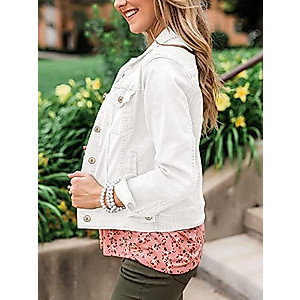 luvamia Women's Casual Denim Jacket Stretch Long Sleeve Button Down Basic Jean Trucker Jacket White Size Medium