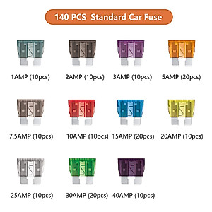 140 Pieces Fuses Automotive - Standard Blade Car Fuse Kit, Auto Fuse Assorted for Marine, RV, Camper, Boat, Truck (1A 2A 3A 5A 7.5A 10A 15A 20A 25A 30A 40AMP)