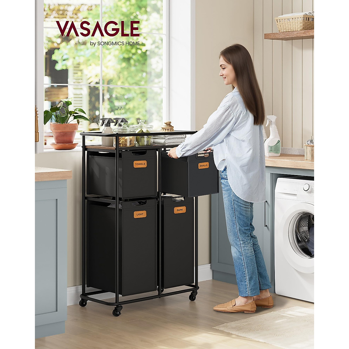 VASAGLE Laundry Sorter, Laundry Basket with Wheels, 39.6 Gal. (150 L) Rolling Laundry Hamper, Portable Laundry Cart with Shelf, 4 Removable Liners and 6 Labels, Ink Black and Chestnut Brown URLS100B01
