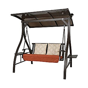 Iwicker Patio 2-Seat Deluxe Porch Swing with Sunbrella Cushions, Outdoor Swing Chair with Solar Light and Convertible Board Canopy