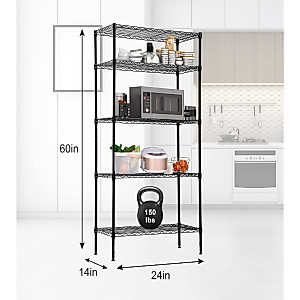 TYNB 5 Tier Steel Wire Shelf Metal Storage Rack NSF Commercial 14' D x 24' W x 60' H 750Lbs Adjustable Leveling Feet Wire Shelving Unit for Office Restaurant Kitchen Pantry Rack Black