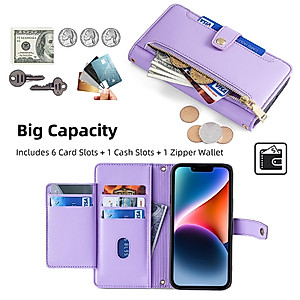 Arseaiy Wallet Case for VIVO V20 Flip Phone Case with Crossbody Strap Magnetic Handbag Zipper Pocket PU Leather Shockproof with Kickstand Phone Shell Purple