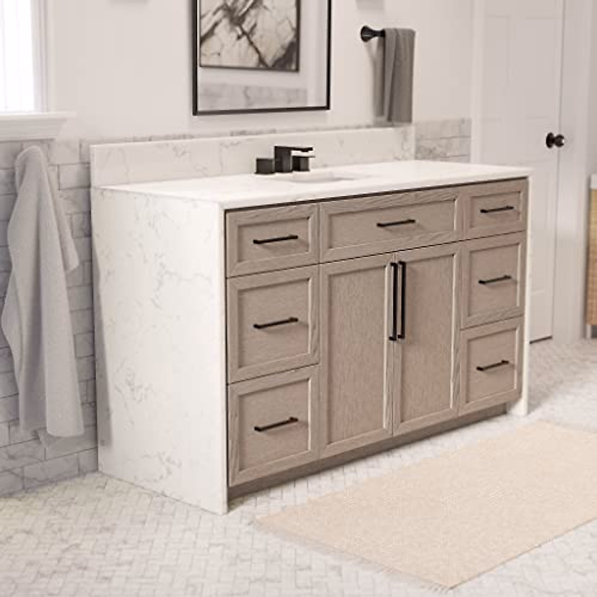 Kitchen Bath Collection Palisade 60-inch Single Bathroom Vanity (Engineered Marble/Gray Oak): Includes Gray Oak Cabinet with Engineered Marble Waterfall Countertop and White Ceramic Sink