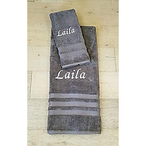 Liberty21 Luxury Embroidered Bath & Hand Towels, 100% Cotton. Custom Monogrammed Personalized Embroidered Towels. Set Includes 1 Bath Towel and 1 Hand Towel. (Grey)