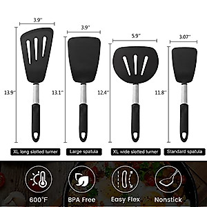 Silicone Spatulas for Nonstick Cookware, GEEKHOM 600F Heat Resistant Extra Large and Wide Flexible Spatulas Rubber Turners, Kitchen Cooking Utensils Set for Pancake, Eggs, Fish, Omelet(4 Pack, Black)