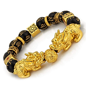 ZenBless Feng Shui Black Obsidian Bracelet Pixiu Bracelet for Women Men Prosperity Double Pi Xiu/Pi Yao Black Mantra Bead Bracelet with Golden Dice Attract Wealth and Good Luck