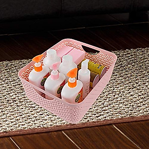 STARVAST 3 Pack Plastic Storage Baskets, Portable Pink Fish Scale Pattern Hollow Desktop Storage Bin Box with Handle for Kitchen, Bathroom, Kids Room or Nursery Storage – 13.8 x 11.2 x 5.1 inches