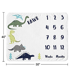 Sweet Jojo Designs Mod Dino Boy Milestone Blanket Monthly Newborn First Year Growth Mat Baby Shower Memory Keepsake Gift Picture - Blue, Green and Grey Modern Dinosaur Rawr