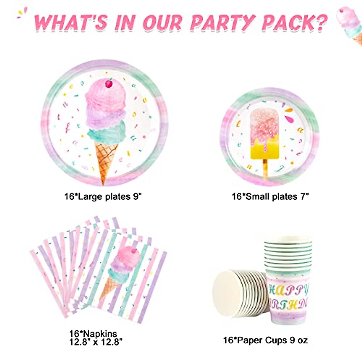WERNNSAI Ice Cream Plates Napkins and Cups - Ice Cream and Popsicle Theme Party Supplies for Girls Birthday Disposable Tableware Dessert Plates Luncheon Napkins Serves 16 Guests 64PCS