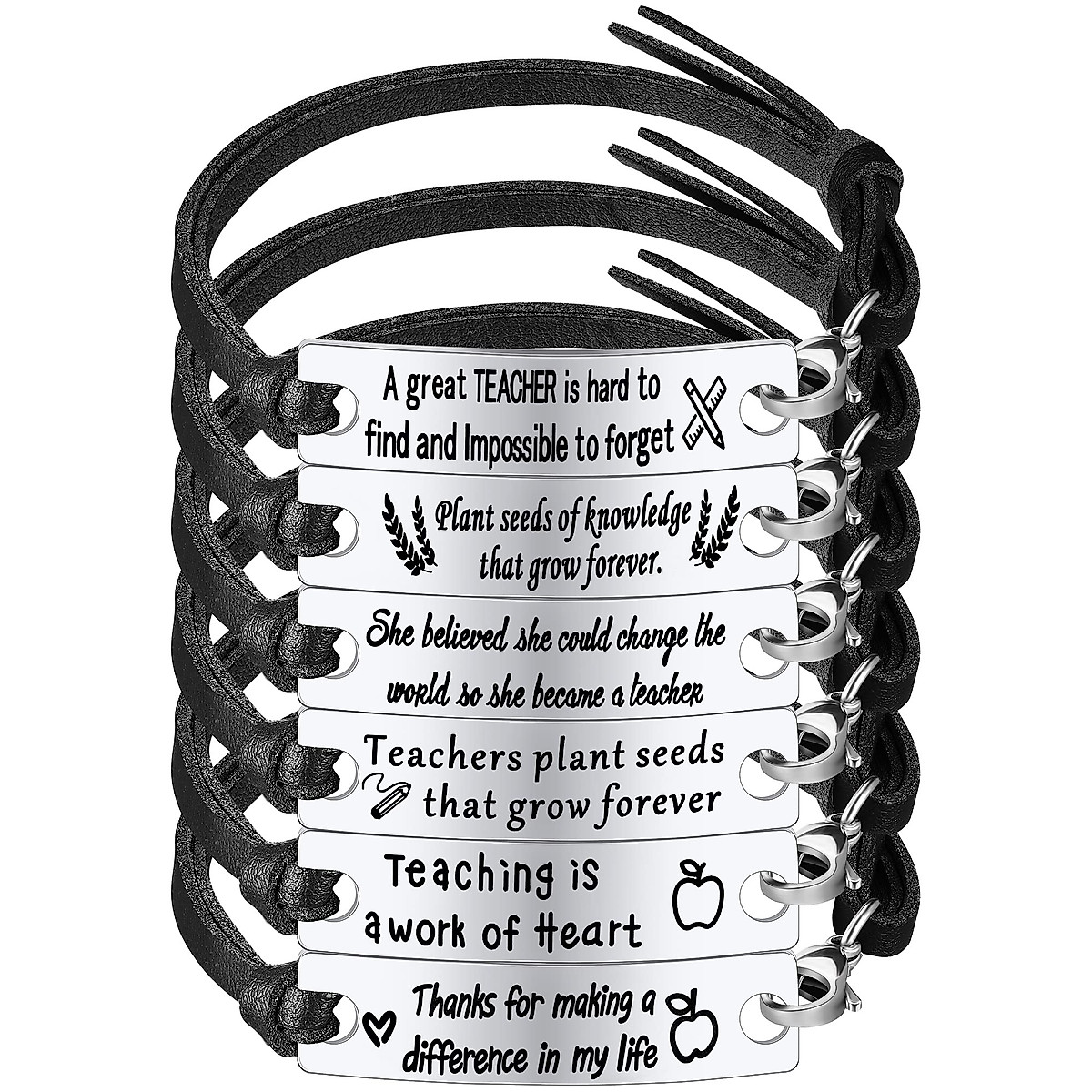 MTLEE 6 Pcs Teacher Bracelet Appreciation Gifts for Her, Teacher Birthday Gifts Bangle Inspirational Gifts for Women Men Teacher (Black and Silver)
