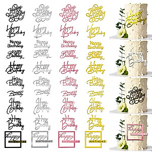 40 PCS Happy Birthday Cake Toppers Mirror Acrylic Cake Topper Side Cake Decorations Cake Inserts Cake Decorating Supplies Cupcake Toppers for Birthday Party Cake Desserts Pastries 10 Styles 4 Colors