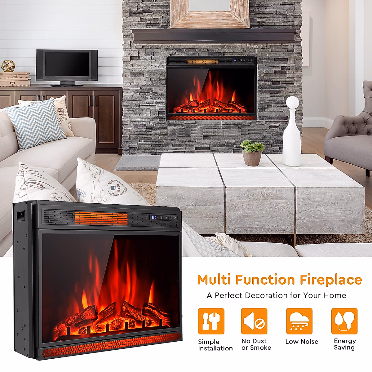 COSTWAY Electric Fireplace Insert 28-Inch Wide, 900/1350W Recessed and Freestanding Heater with Remote Control, 3 Flame Colors, 4 Brightness, Adjustable Temperature, Electric Fireplace for Indoor Use