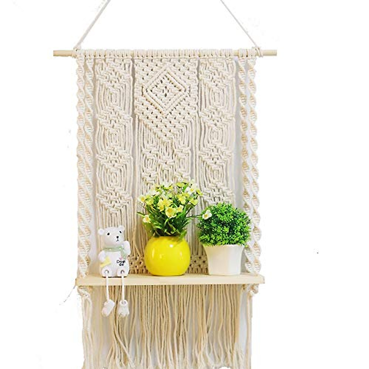AMIAEDU Macrame Wall Hanging Shelf, Handmade Indoor Boho Rope Plant Pot Basket Hanger Holder, Rope Plant Hanger for Wall Decor (White)